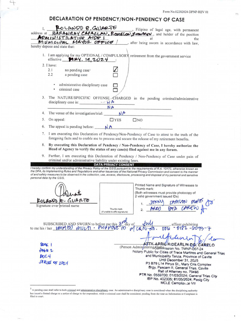 Doc. No. 4 DECLARATION OF PENDENCY | PDF