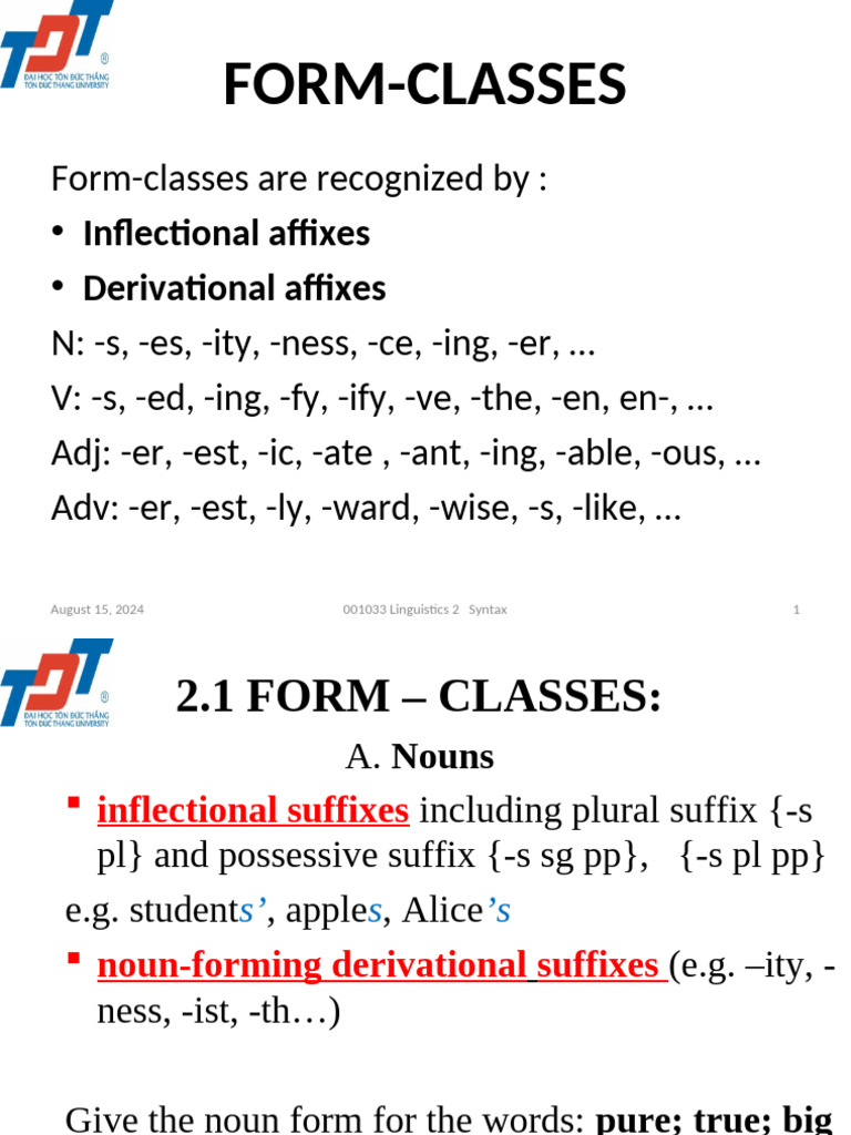 Form Classes | PDF | Adjective | Verb