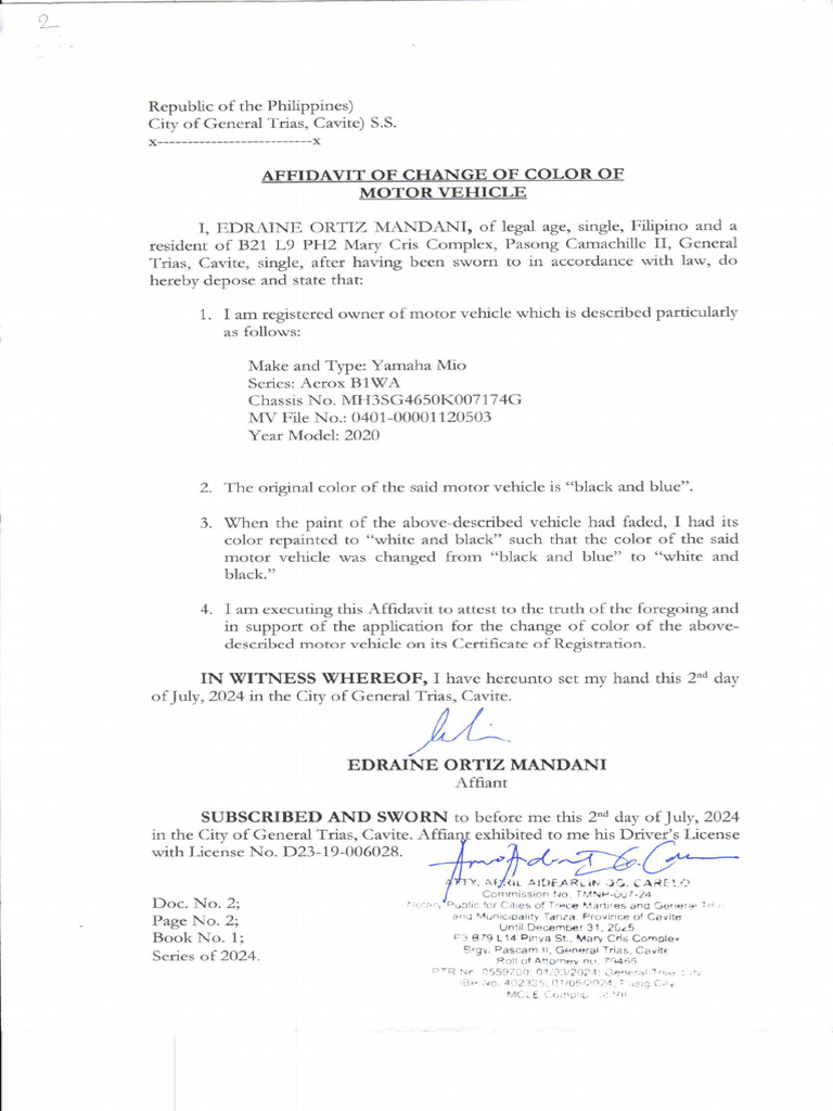 Doc. No. 2 AFFIDAVIT OF CHANGE OF COLOR OF MOTOR VEHICLE-EDRAINE ORTIZ ...