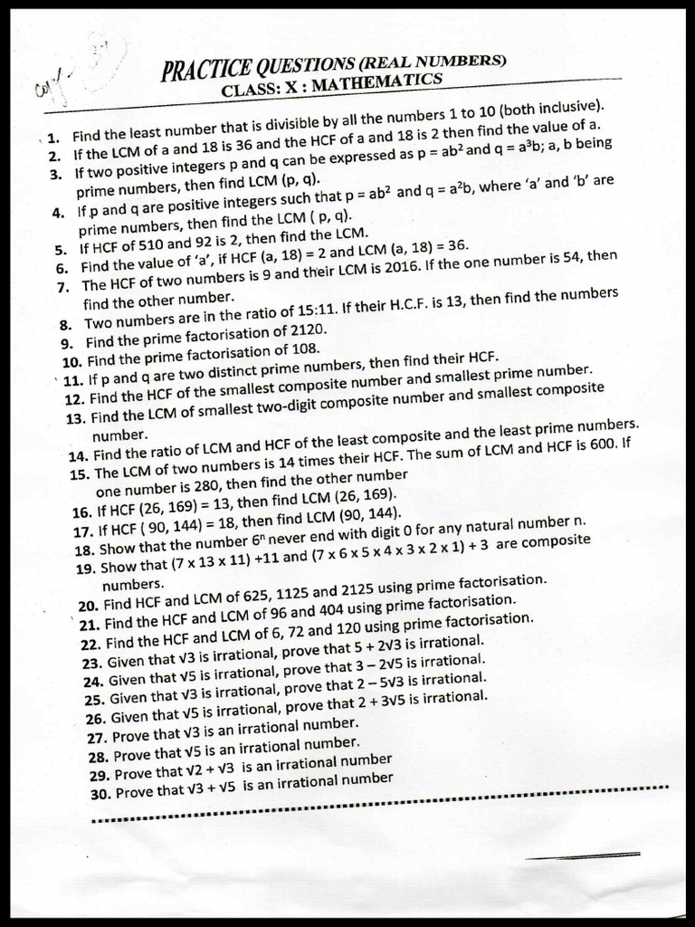 Class 10 Maths Real Numbers Worksheet | PDF