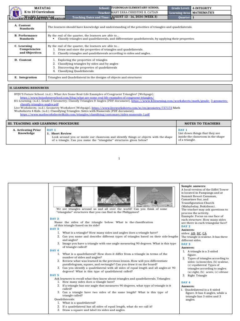 DLL Matatag - Math 4 Q1 W3 | PDF | Rectangle | Triangle