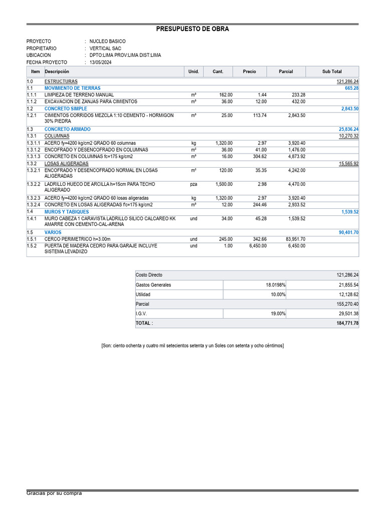 Presupuesto de Obra | PDF | Hormigón | Albañilería