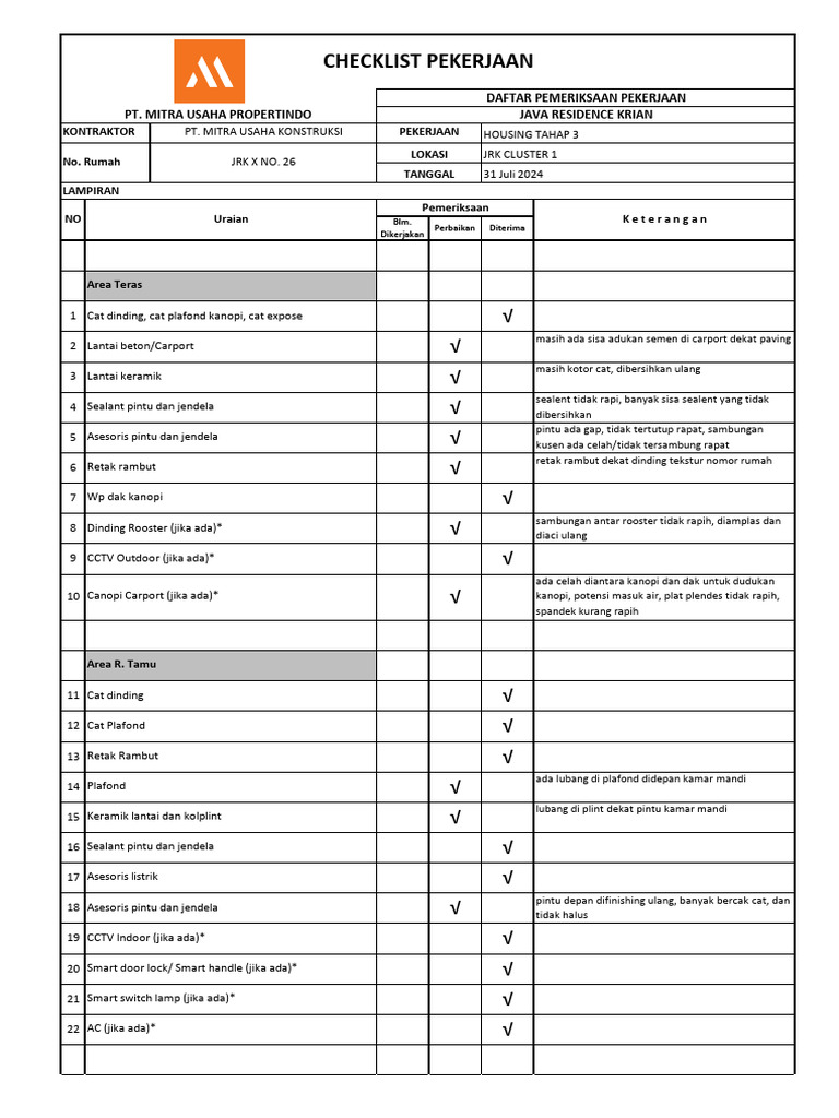 Checklist Pekerjaan Pra BAST JRK X No. 26 + Dokumentasi | PDF