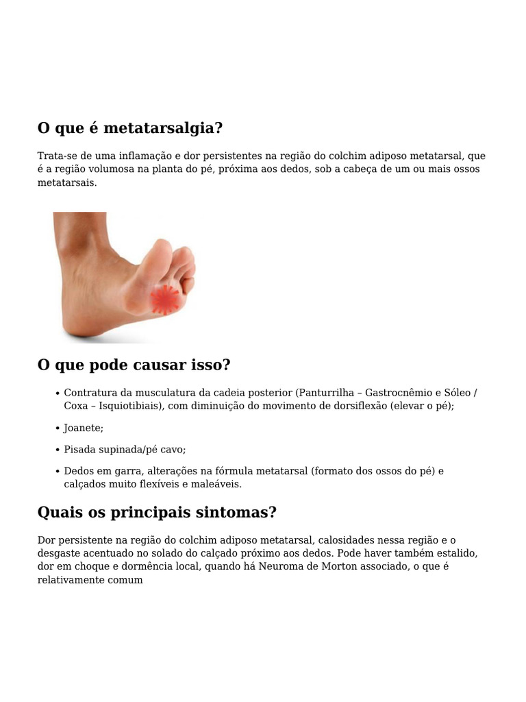 Metatarsalgia - o Que É, Causas, Sintomas e Tratamentos | PDF ...