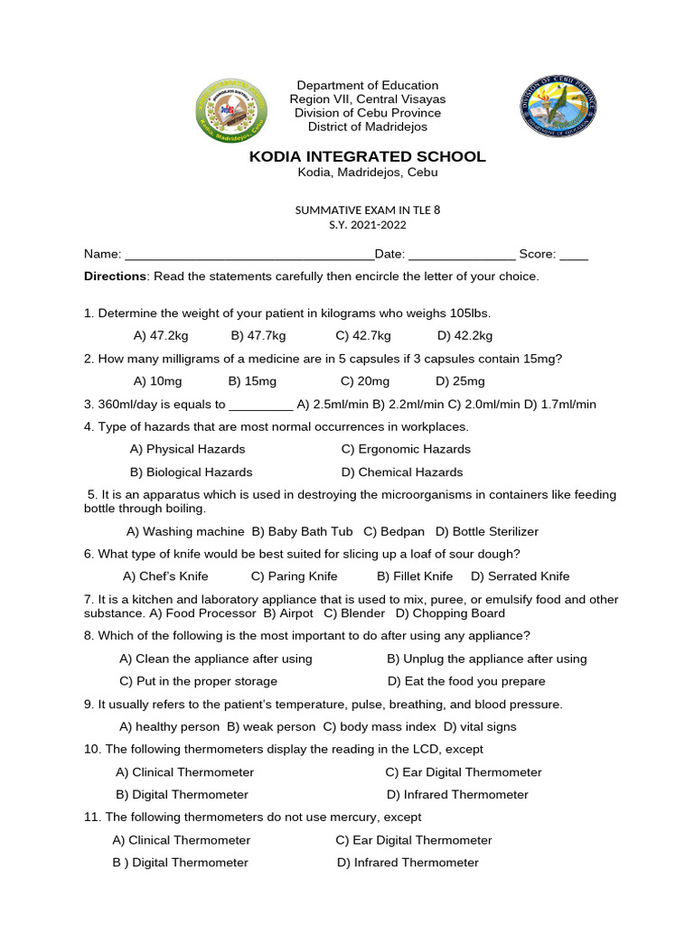 TLE 8 Summative Exam Guide 2021-2022 | PDF