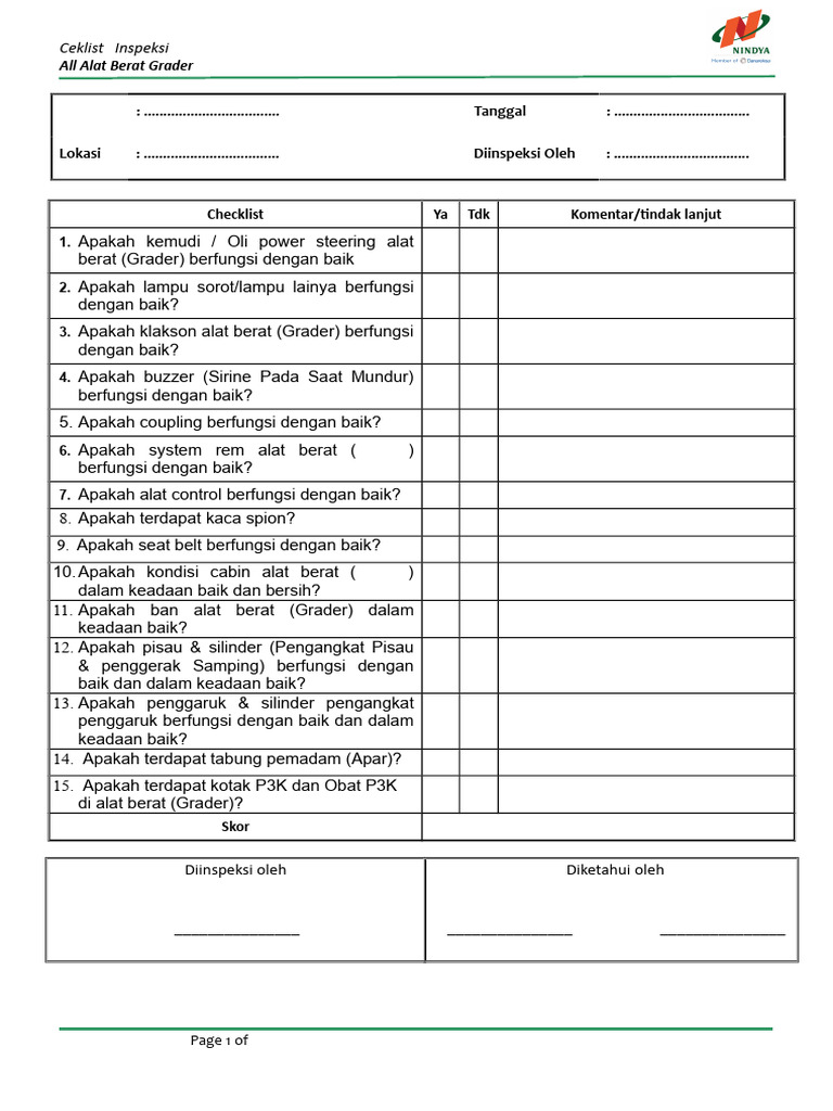 Checklist Inspeksi Grader Alat Berat | PDF | Bisnis | Komputer