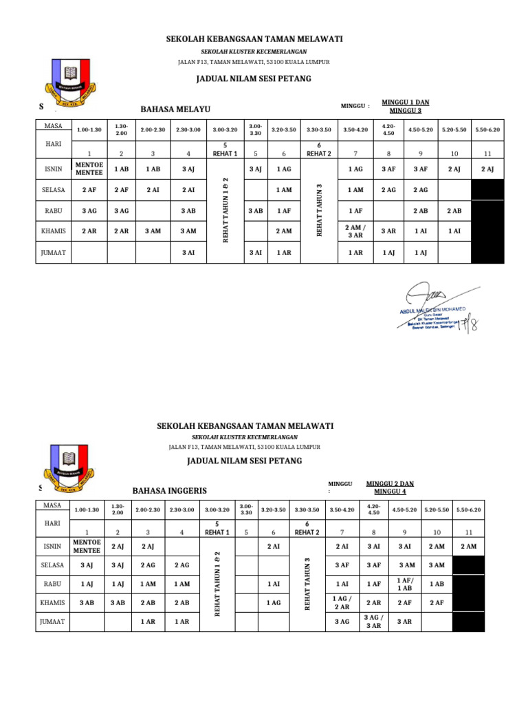 Jadual Nilam Sesi Petang | PDF