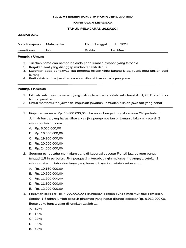 Soal Matematika ASAS Genap 2024 Kls XI Kurmer | PDF