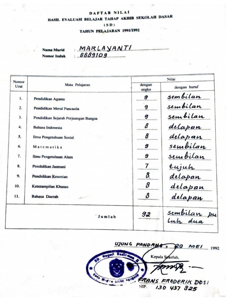 Daftar Nilai SD | PDF
