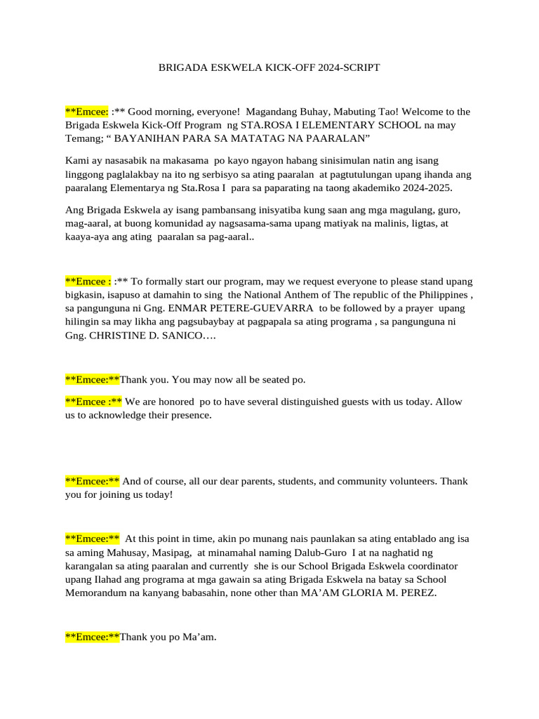Brigada Eskwela Kick-Off SCRIPT 2024 | PDF