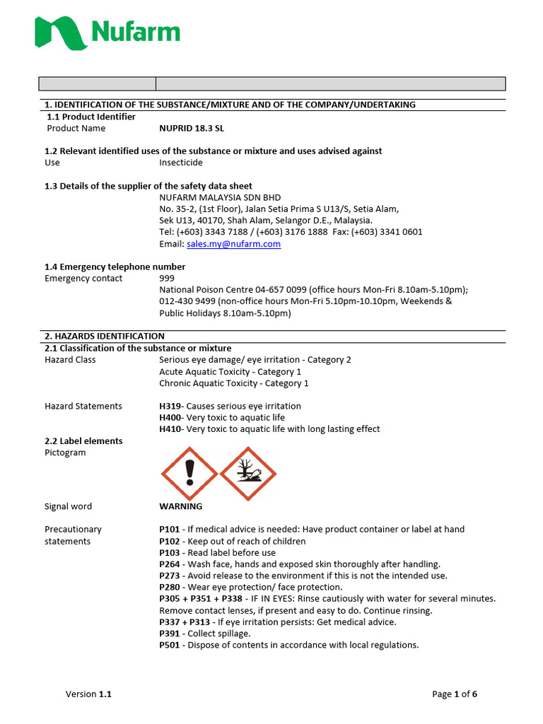 Nuprid 18.3 SL - SDS Ver 1.1 (2020.03.03) | PDF | Personal Protective ...
