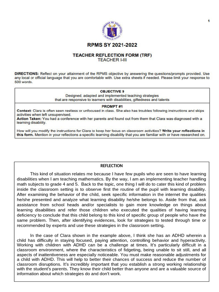 Teacher Reflection Form Sample | PDF | Learning Disability | Attention ...