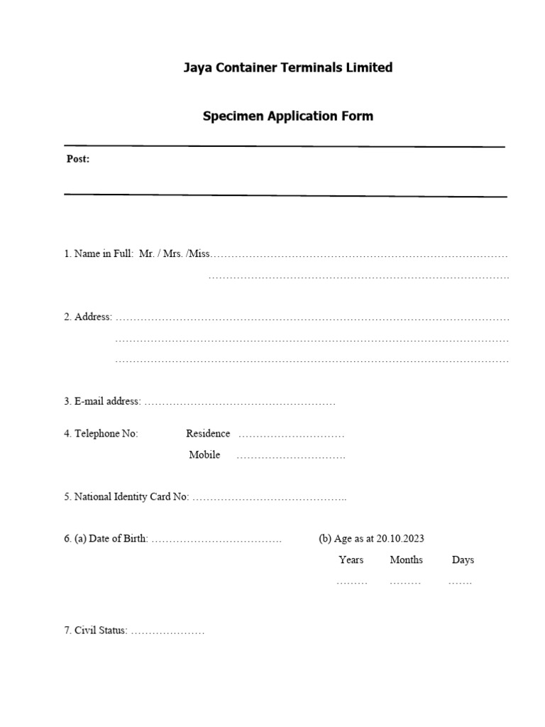 Jaya Container Terminals Application Form | PDF