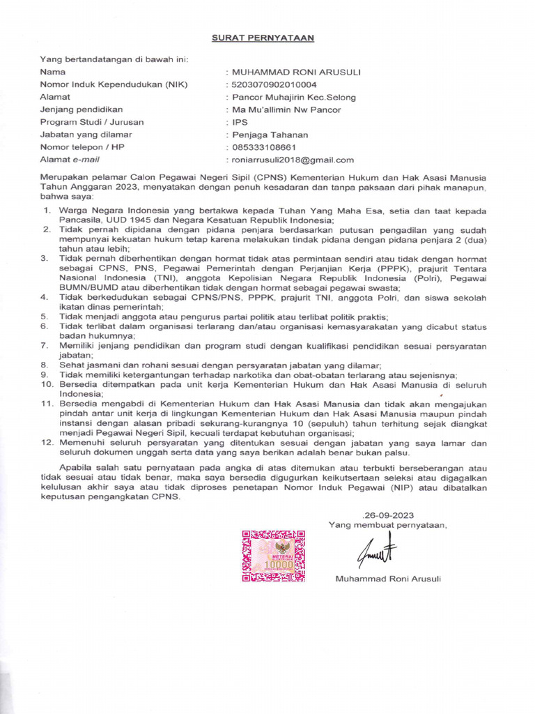 Surat Pernyataan E-Materai M.roni Arusuli | PDF