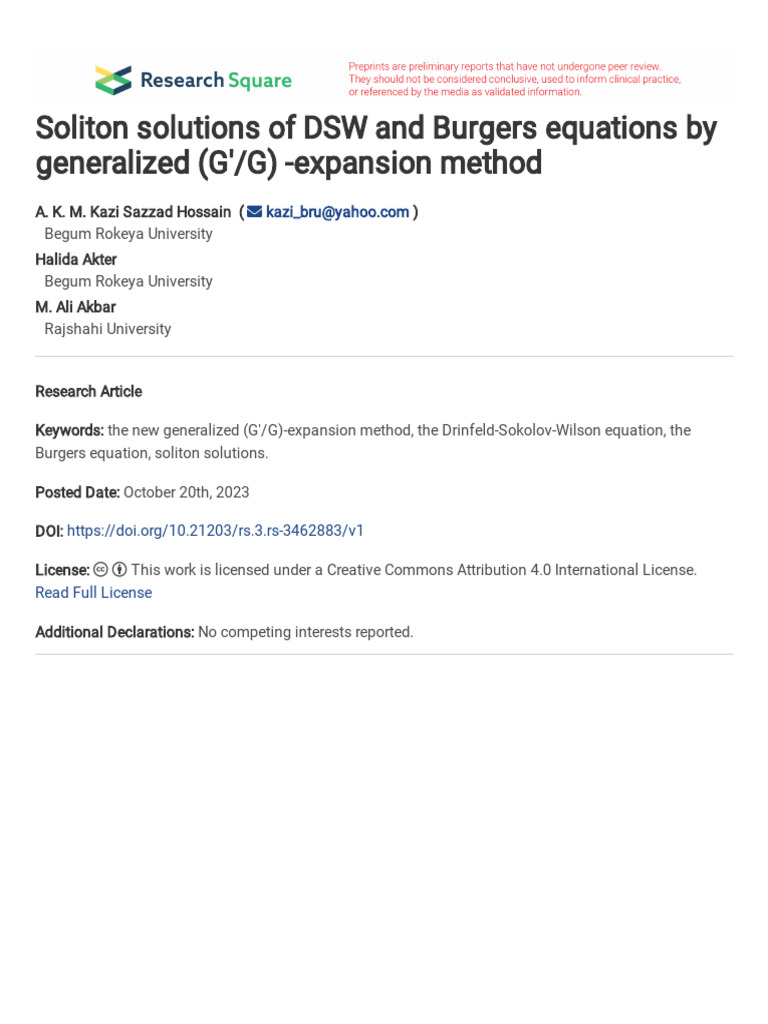 Soliton Solutions of DSW and Burgers Equations by | PDF | Nonlinear System | Equations