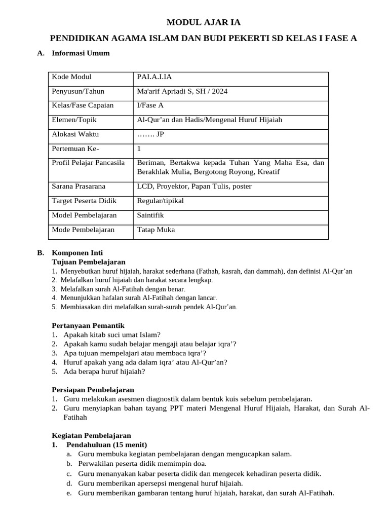 Modul Ajar 1B PAI SD 1 - BAB 1 | PDF