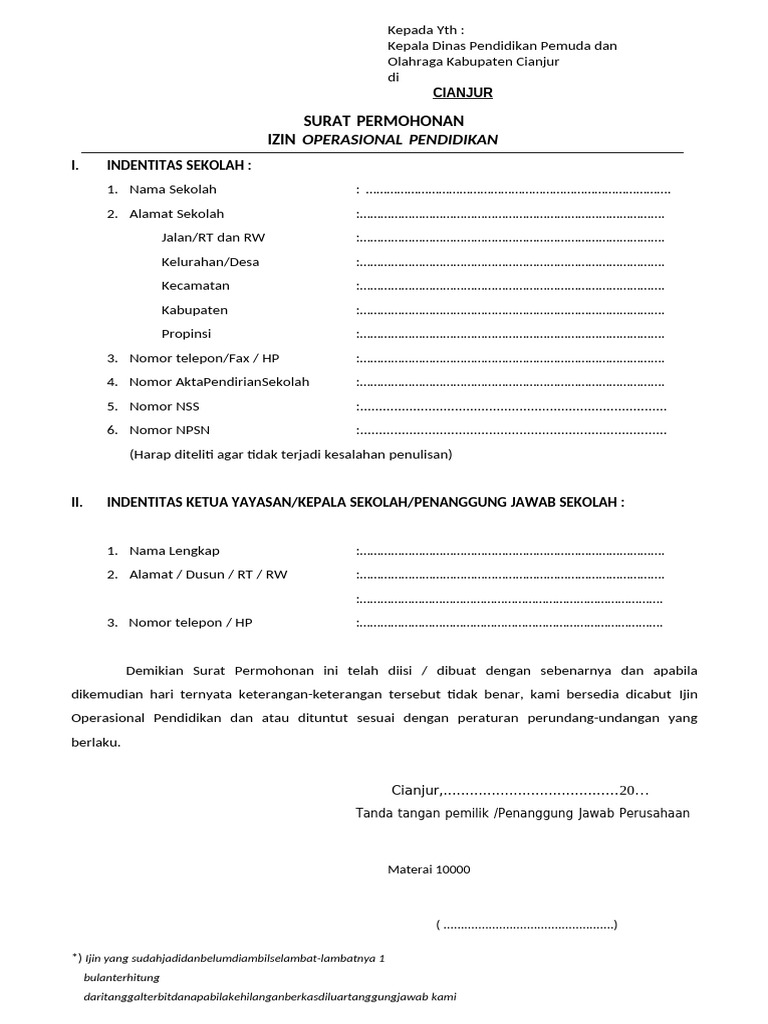 Surat Permohonan Pengajuan Ijin Operasional LKP | PDF