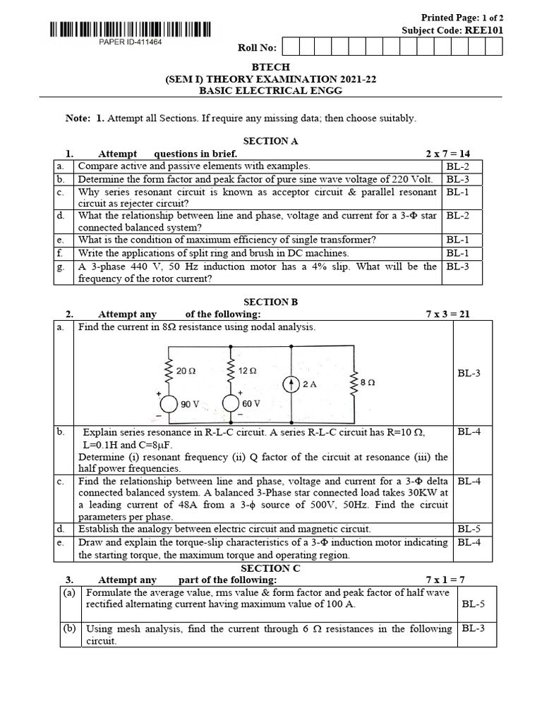 BTech Basic Electrical Engineering Exam | PDF | Electric Motor | Transformer