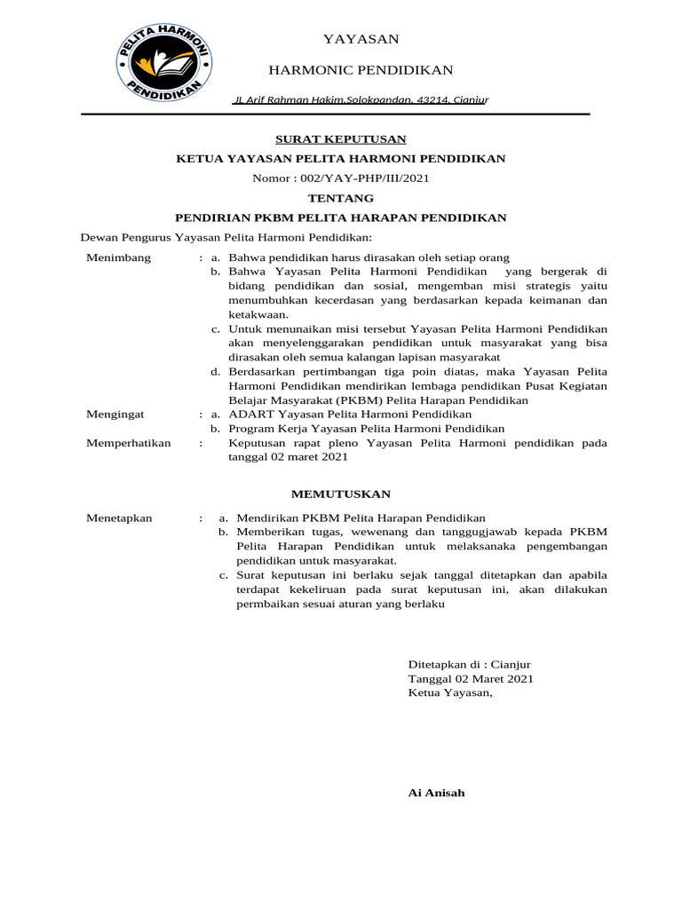 SK Pendirian Pkbm | PDF