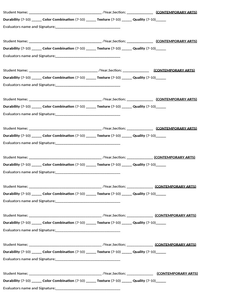 Arts and Crafts Evaluation Form | PDF