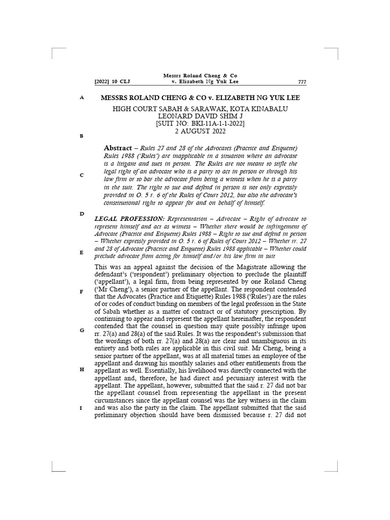 (CLJ) Roland Cheng v. Elizabeth NG Yuk Lee | PDF | Lawsuit | Pro Se ...