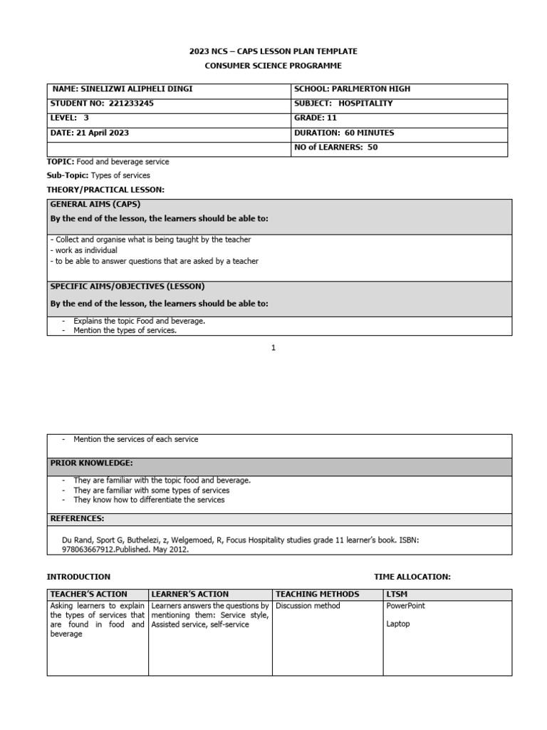 Hospitality Lesson Plan | PDF | Lesson Plan | Teachers