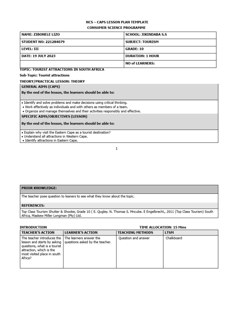 Tourism Lesson Plan 2 | PDF | Teaching Method | Lesson Plan