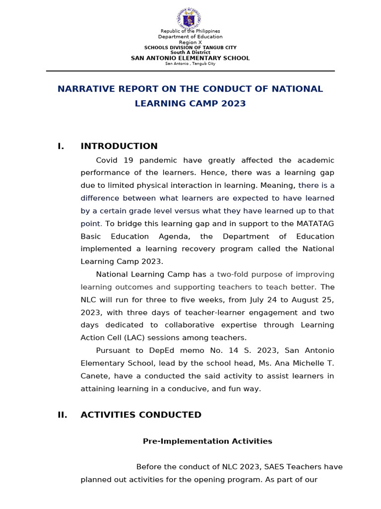Narrative Report On The Conduct of National Learning Camp 2023.1 | PDF ...