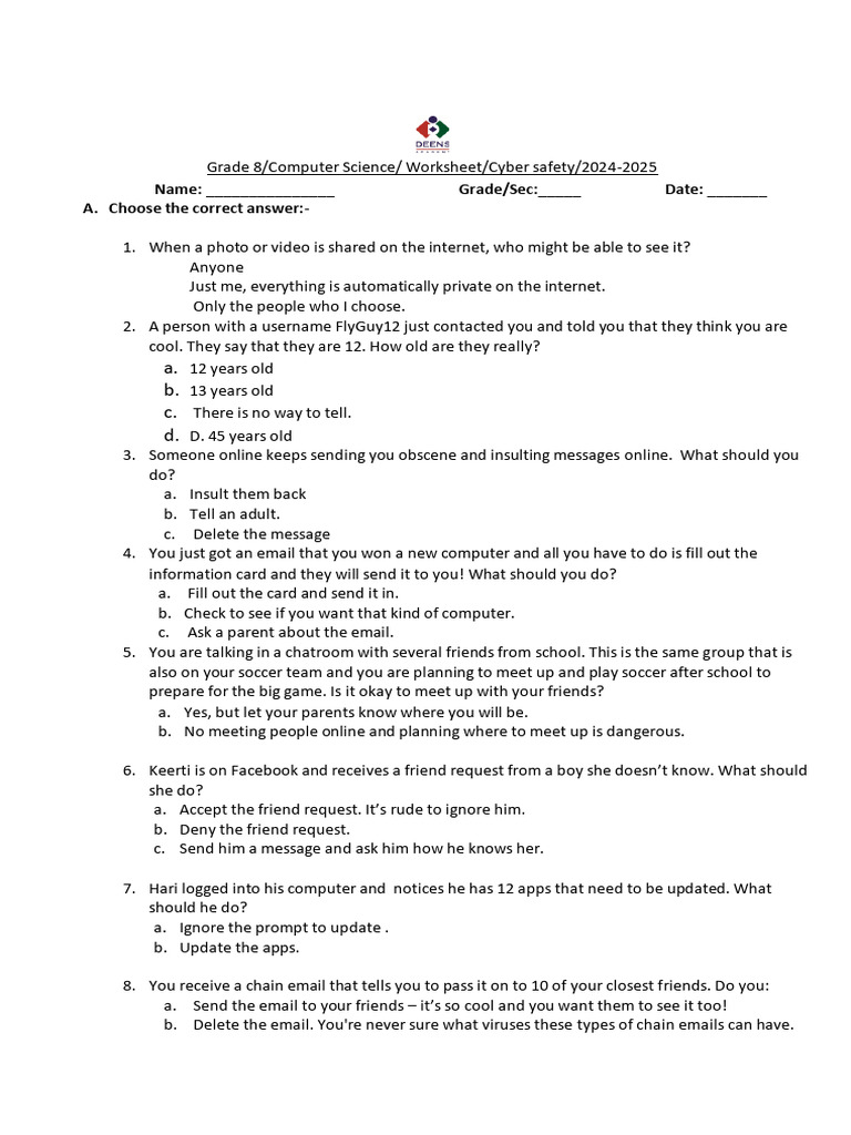 Cyber Safety Worksheet for Grade 8 | PDF | Facebook | Cyberspace