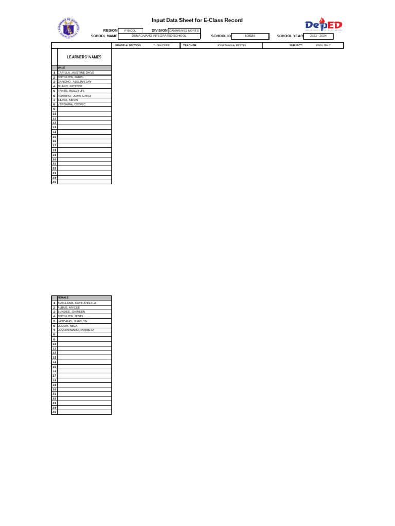 E-Class Record for Grade 7 English | PDF