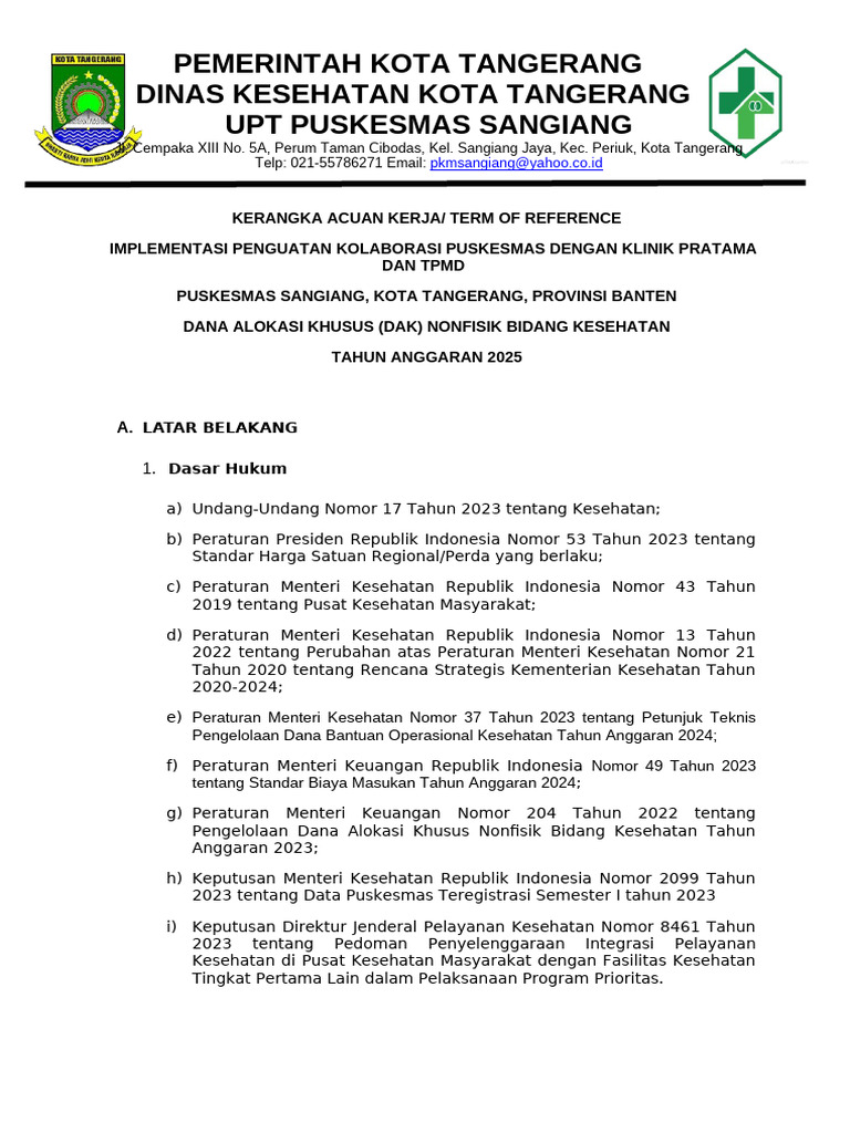 TOR Penguatan Kolaborasi Puskesmas DG Klinik Pratama Dan TPMD | PDF