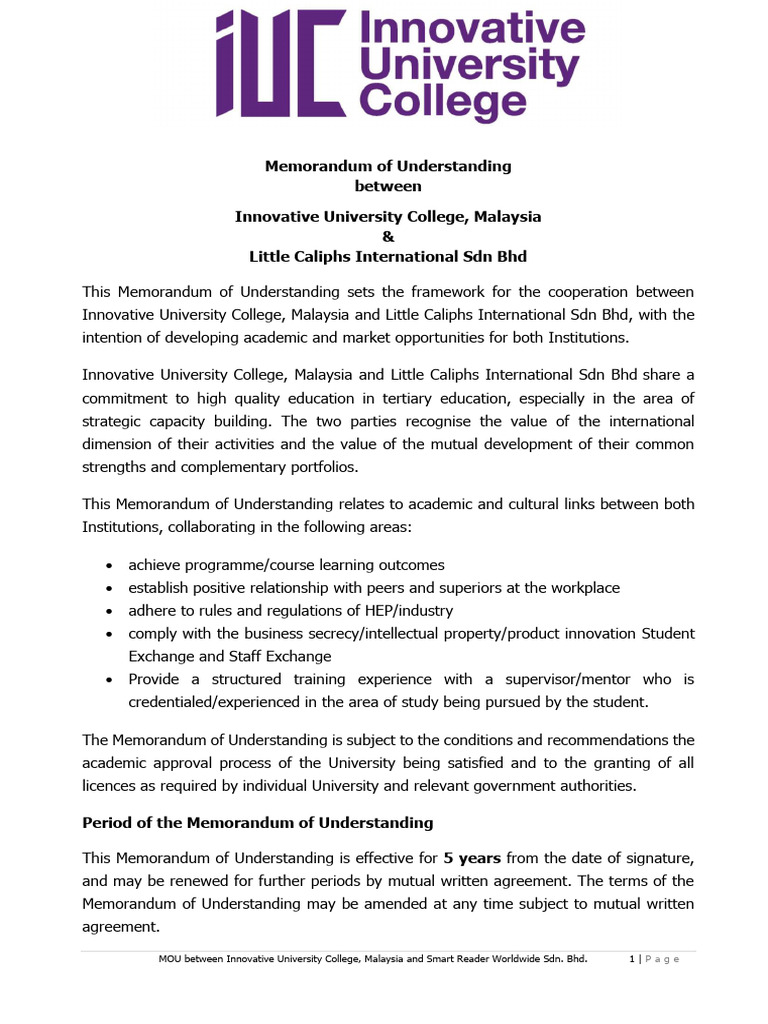 MOU - Little Caliphs International | PDF | Memorandum Of Understanding ...