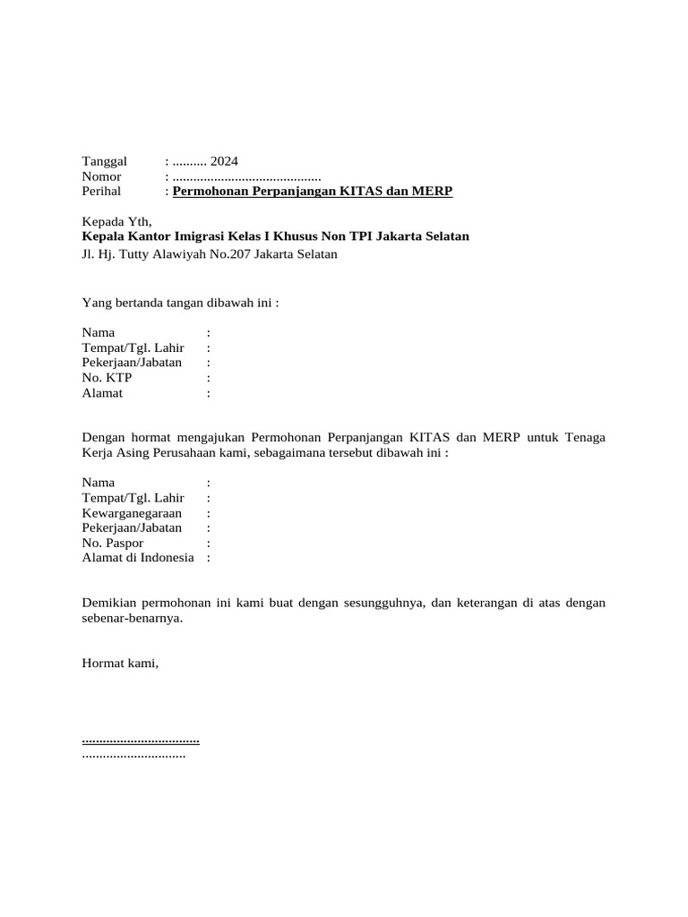 Permohonan Perpanjangan KITAS dan MERP | PDF