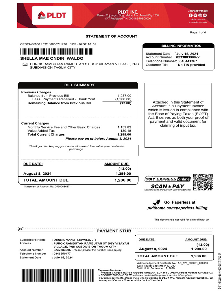 PLDT Electronic Bill 2 | PDF | Value Added Tax | Cheque