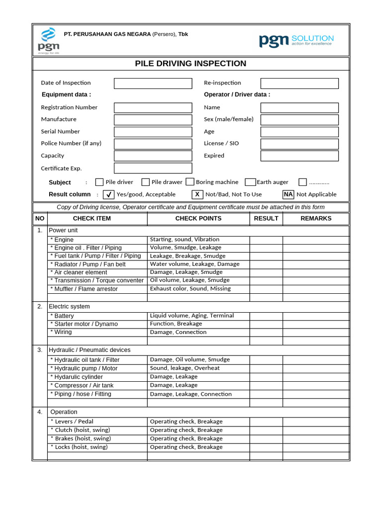 Form Inspeksi Pile Driving | PDF | Engines | Pump