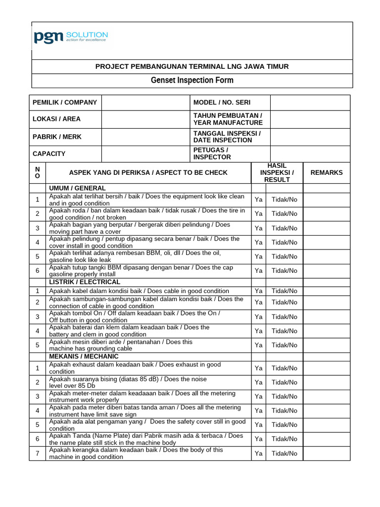 Form Inspeksi Genset | PDF