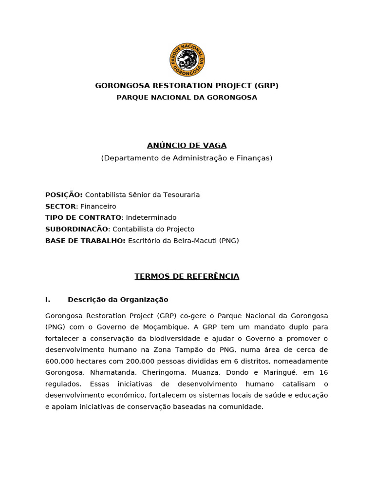 Vaga: Contabilista Sênior na Gorongosa | PDF | Tesouro | Contabilidade