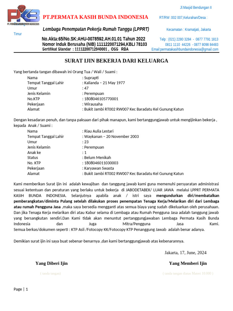 Master Surat Ijin Bekerja Dari Keluarga | PDF