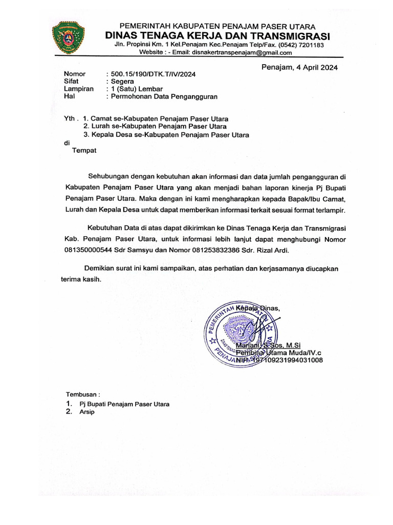 Permohonan Data Pengangguran RT.016 | PDF