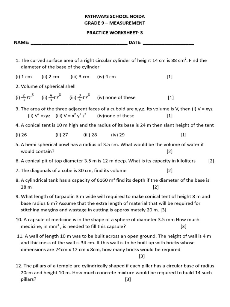 Practice Sheet 3 | PDF | Volume | Euclidean Geometry
