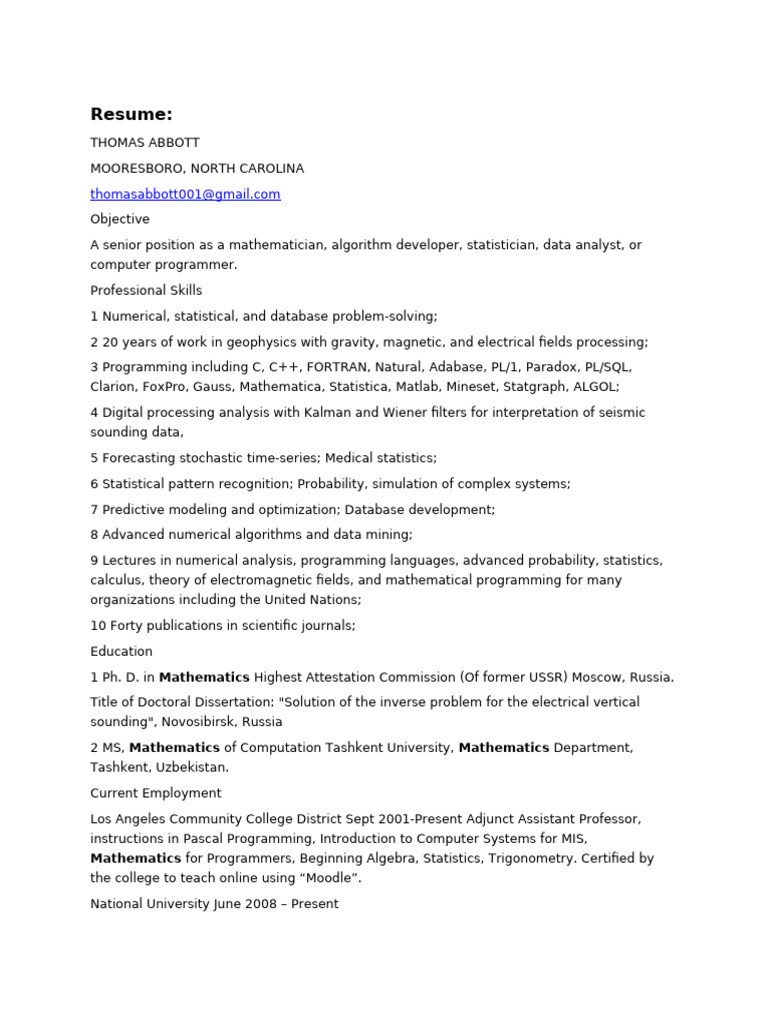 Mathematician Resume Overview | PDF | Numerical Analysis | Statistics