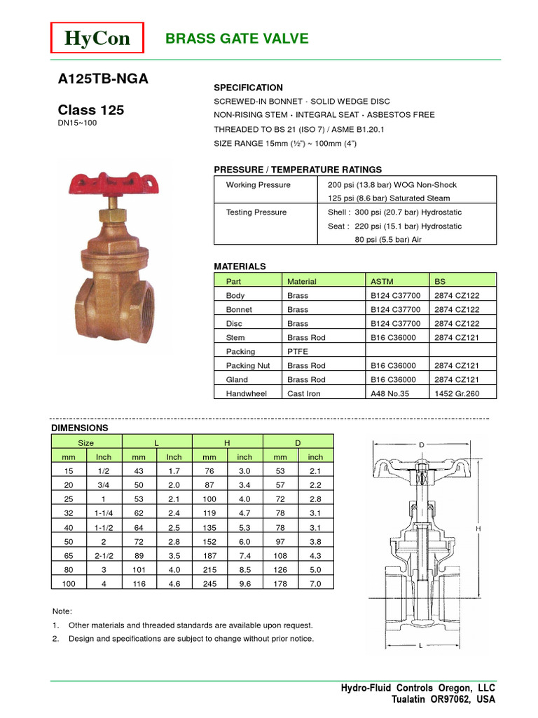 Brass Gate Valve A125TB-NGA | PDF | Hydraulics | Gas Technologies