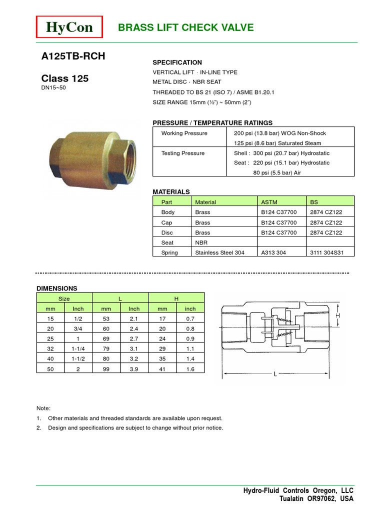 Brass Lift Check Valve~A125TB-RCH | PDF | Mechanical Engineering