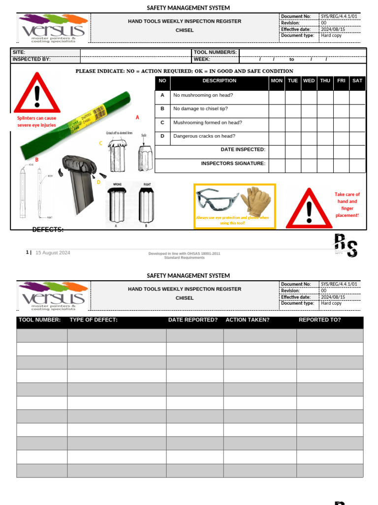 Hand Tools Weekly Inspection Register | PDF | Tools | Safety