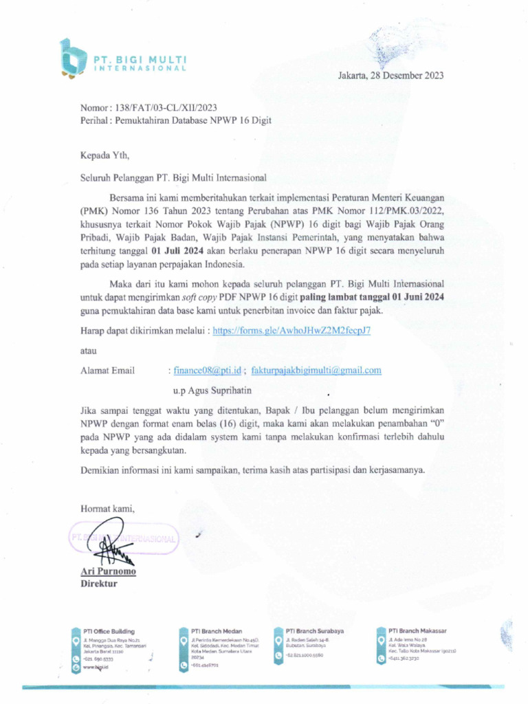 BMI - Surat Pengkinian Data NPWP 16digit To Customer | PDF
