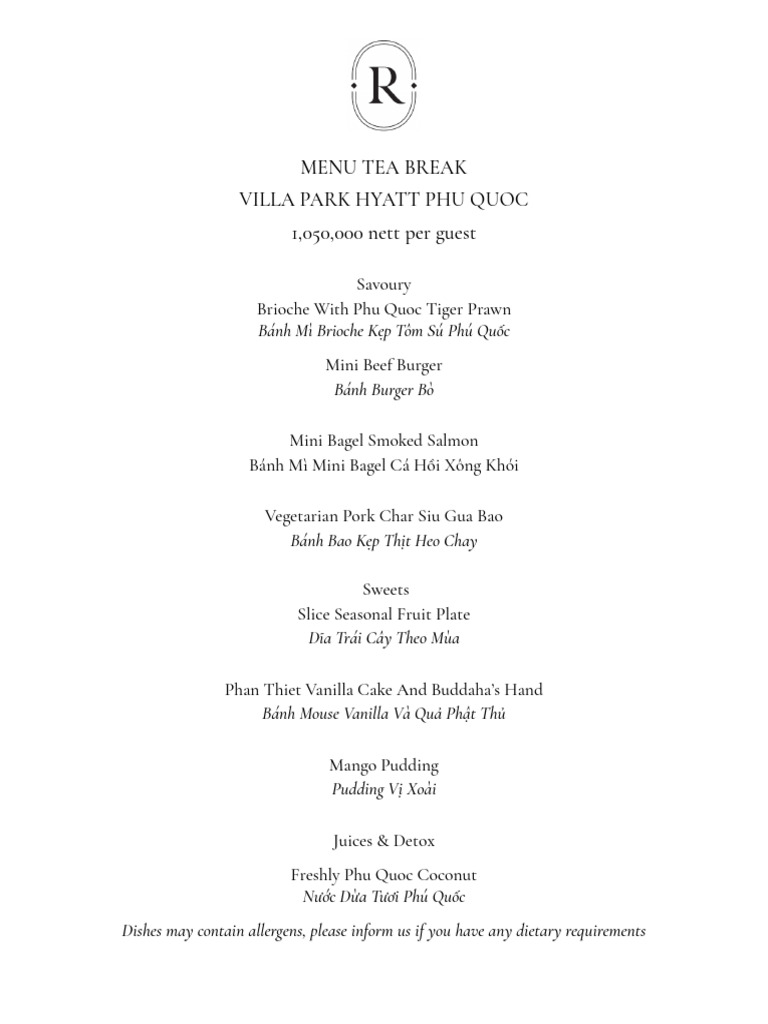 Menu Tea Break Villa Park Hyatt PQ | PDF