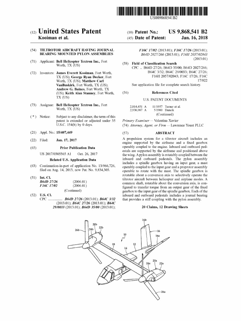 US9868541 Tiltrotor Aircraft Having Journal Bearing Mounted Pylon ...