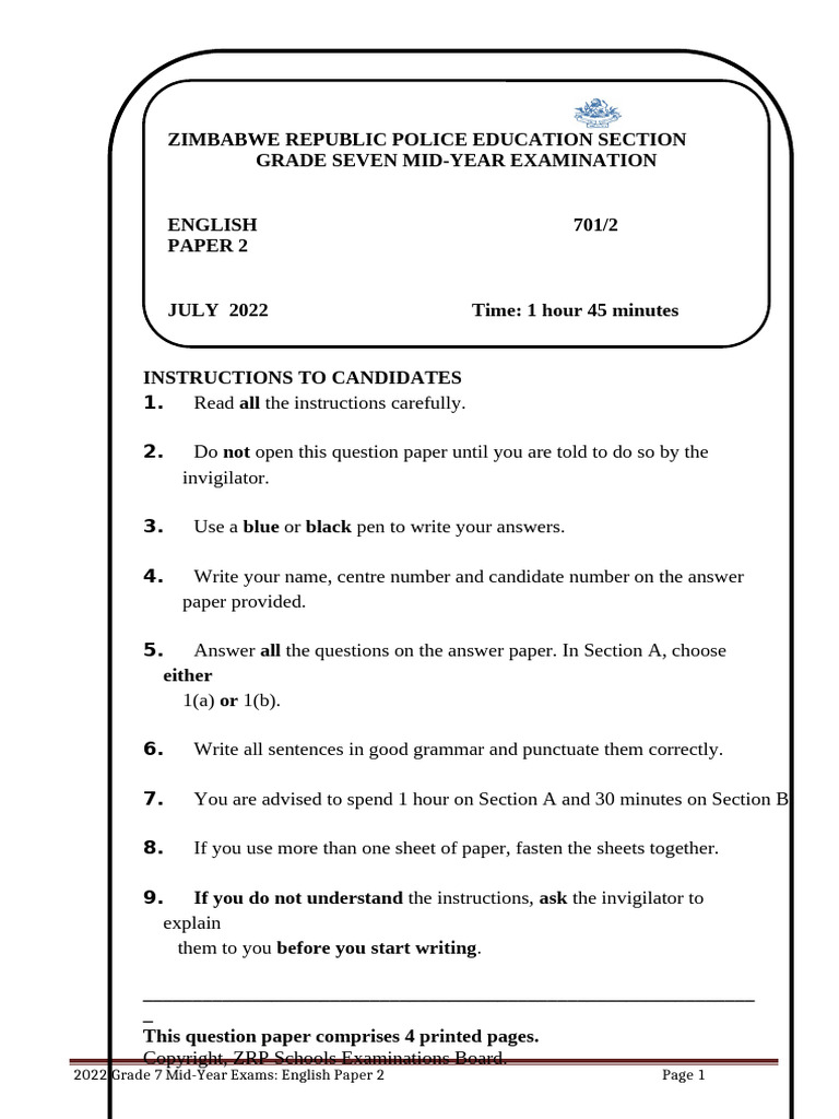 GRADE 7 ENGLISH PAPER 2 | PDF