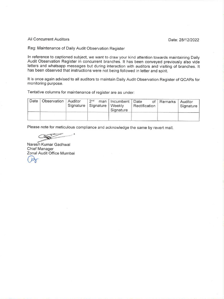 Daily Audit Observation Register | PDF