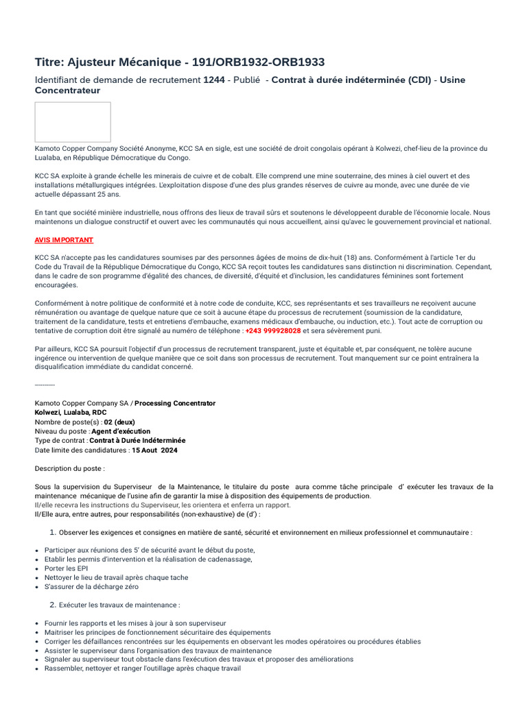 KCC Ajusteurs Mécanique | PDF | République démocratique du Congo